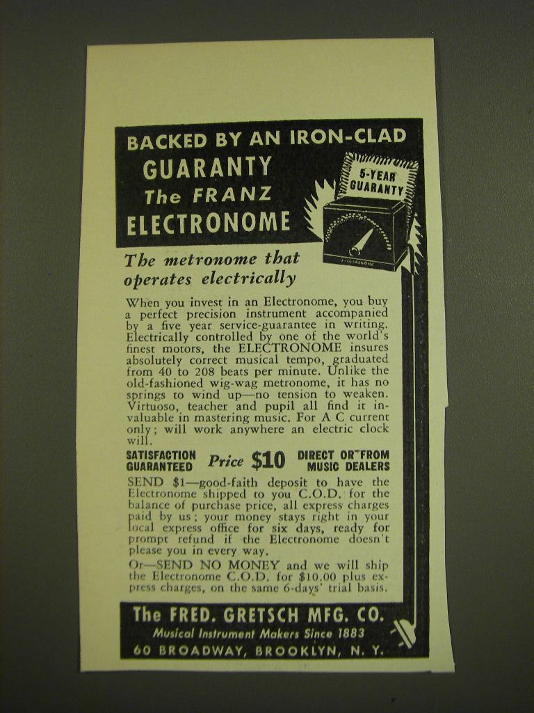 1938 Fred Gretsch Franz Electronome Ad - Backed by an iron-clad ...