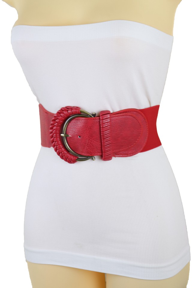 Women Red Elastic Waistband Belt Hip High Waist Gold Buckle Adjustable ...