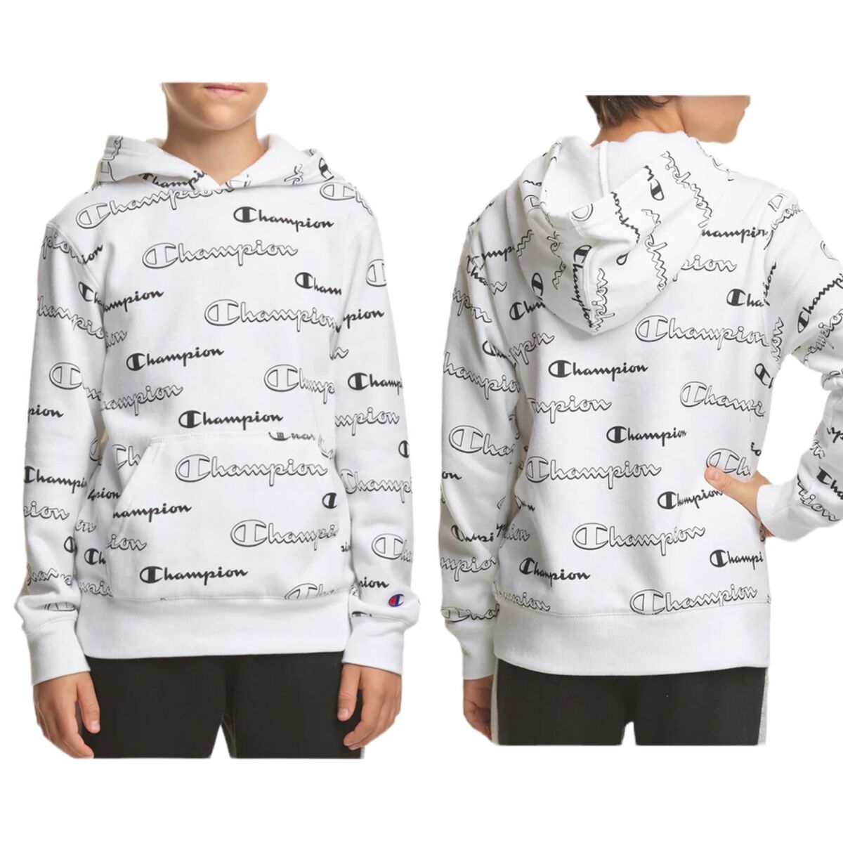 Champion All Over Print Shadow Script Hoodie 8387CB White Champion All Over Print Shadow Script Hoodie 8387CB White