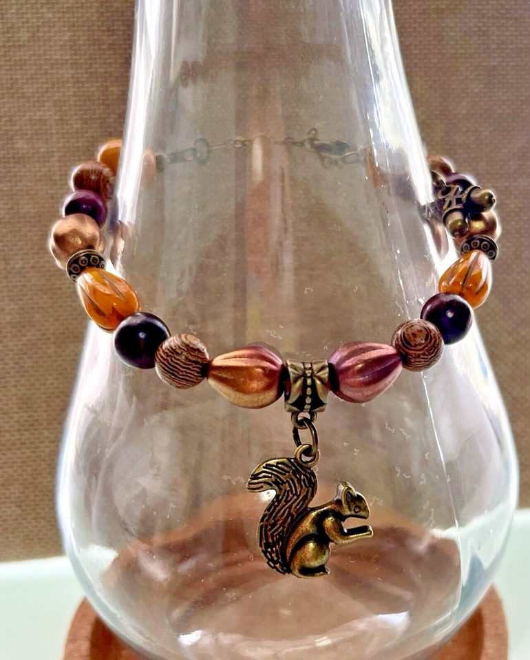 Autumn Fall Czech Glass, Wood Beaded Bracelet with Antique Bronze ...