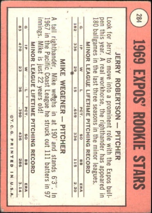 1969 Topps Baseball Card #284 Jerry Robertson Mike Wegener EXPOS G13374 ...