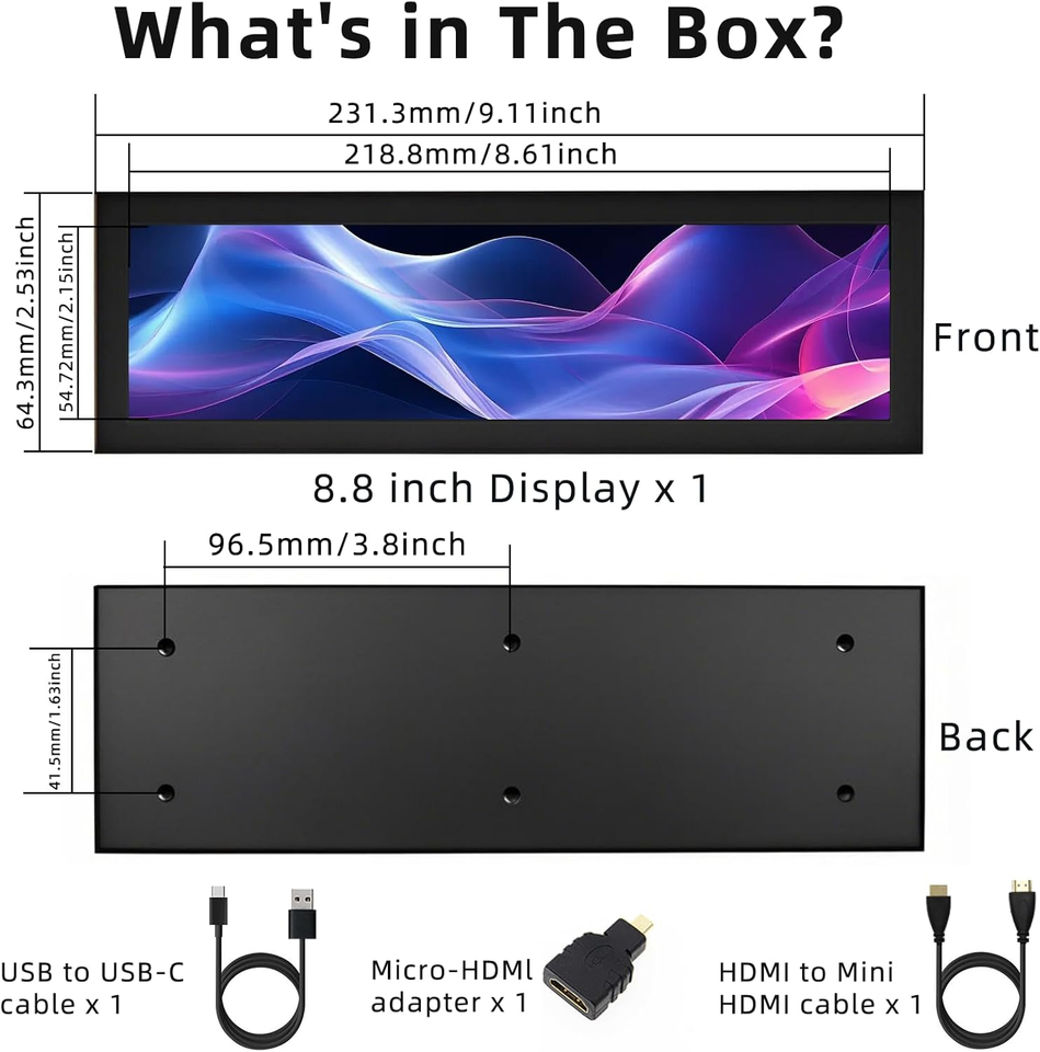 8.8 Inch Mini Monitor, 1920X480 Secondary Screen, PC Case Screen for ...