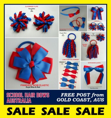 ROYAL BLUE & RED SCHOOL HAIR ACCESSORIES BOWS CLIPS ELASTICS RIBBON ...