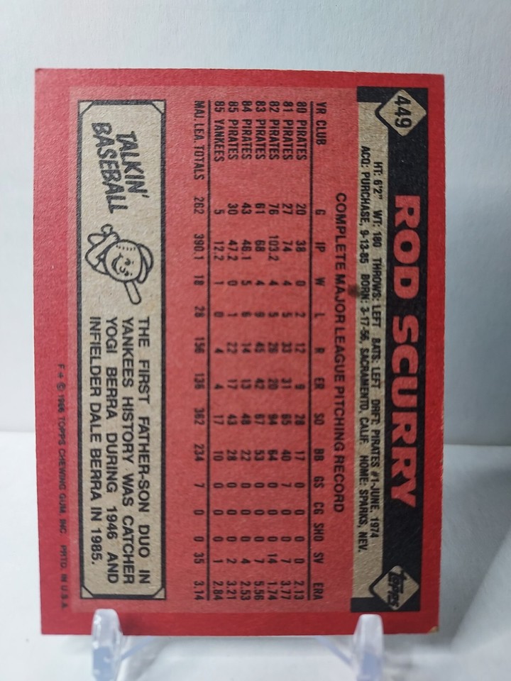 1986 Topps Baseball #449 Rod Scurry New York Yankees | eBay