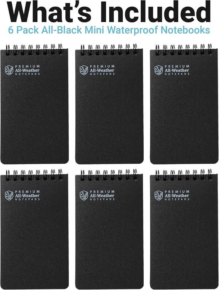 Waterproof Small Black Pocket Notebook 6Pack All Weather Notebook - 3x5 ...