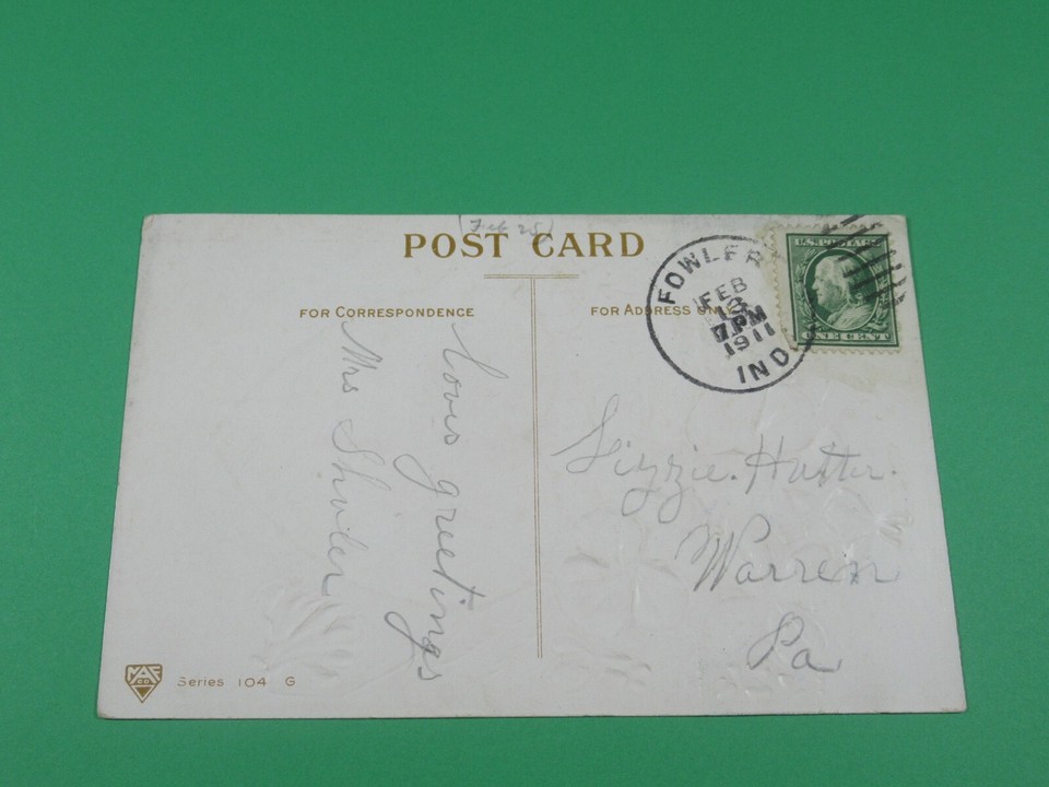 VINTAGE VALENTINE'S DAY POSTCARD GOLD HEART GREEN CLOVERS BLUE FLOWERS ...