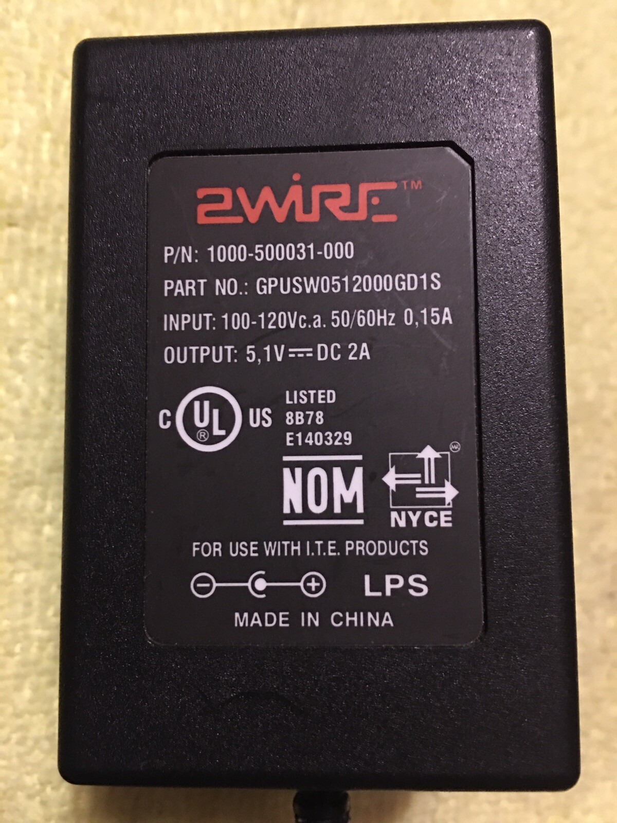 2WIRE 5.1V Power Supply AC Adapter P/N 1000-500031-000 Part No ...