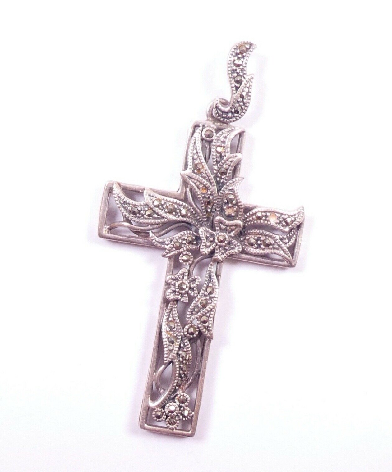 Marcasite Cross Pendant 925 Sterling Silver Floral Design Hallmarked 13 ...