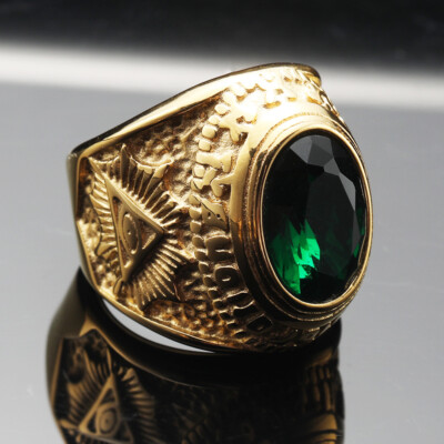 Green CZ Freemason Triangle God Eye Ring Stainless Steel Gold Plated ...