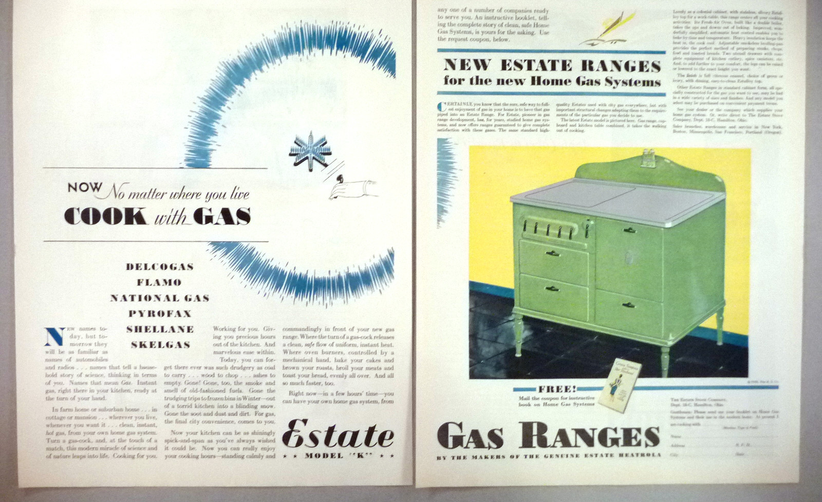 Estate Gas Range & Stove 2-Page PRINT AD - 1930 ~~ stoves, cook with ...
