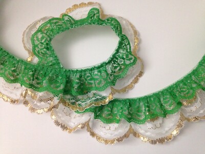 Double Ruffled Scalloped Lace Trim, Emerald Green and Gold, 2 Tier Lace ...