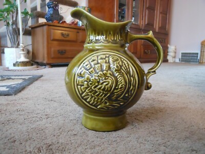VTG 1968 McCOY POTTERY OLIVE GREEN PITCHER EMBOSSED TURKEY WITH OLD ...