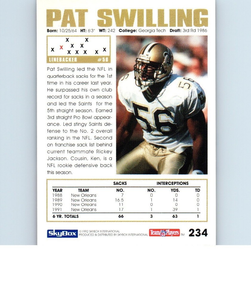 Pat Swilling 234 Saints 1992 Skybox Football Trading Card | eBay
