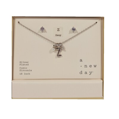 Letter Z Necklace & Earrings Zany Silver Plated Cubic Zirconia 18" with ...