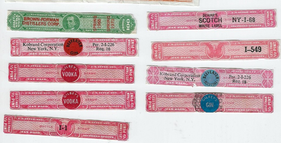 Vintage Lot of 38 U.S. Revenue Liquor Bottle Tax Stamps & Labels Used ...