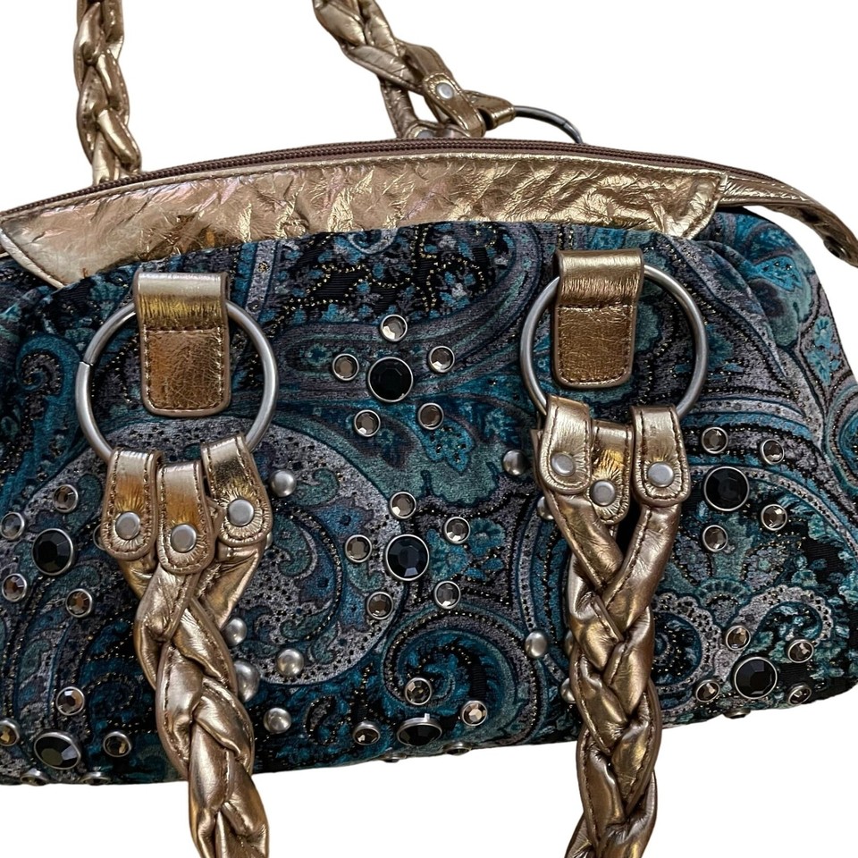 Womens Hand Bag Purse STUDDED EMBELLISHED Gems Embroidered Paisley ...
