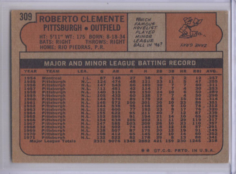 1972 Topps #309 Roberto Clemente Pittsburgh Pirates HOF EXMT BEAUTIFUL ...