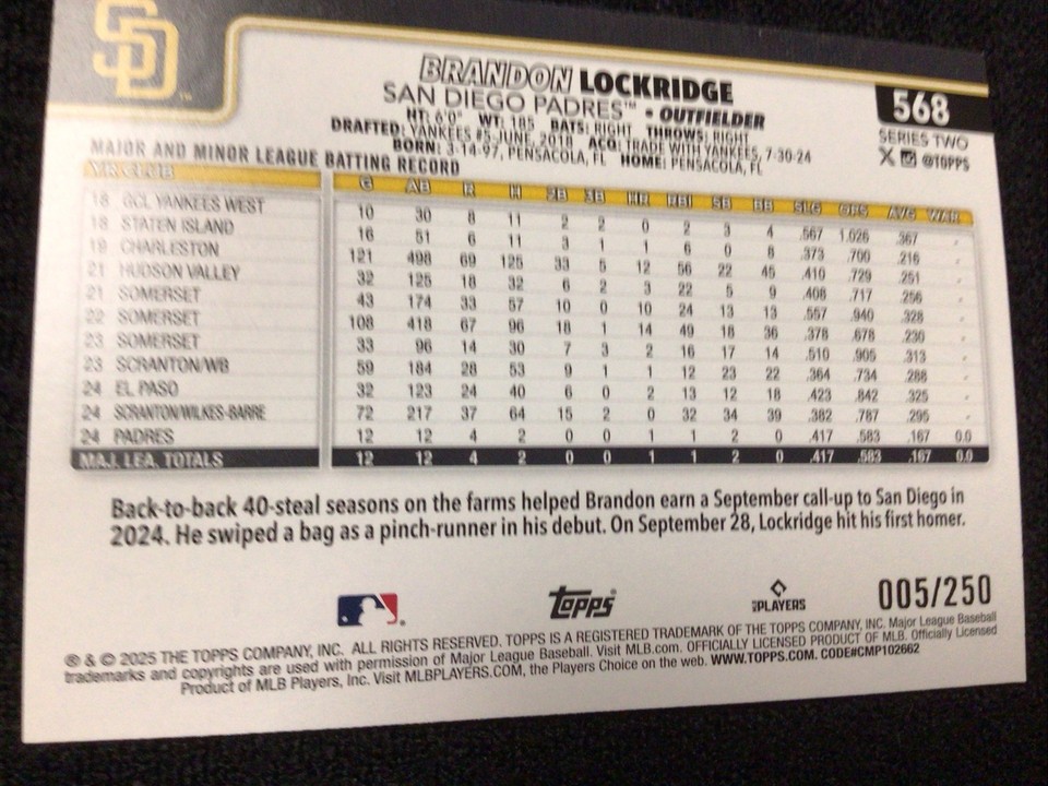 2025 Topps Series 2 Brandon Lockridge #568 Purple Rainbow Foilboard 5/ ...