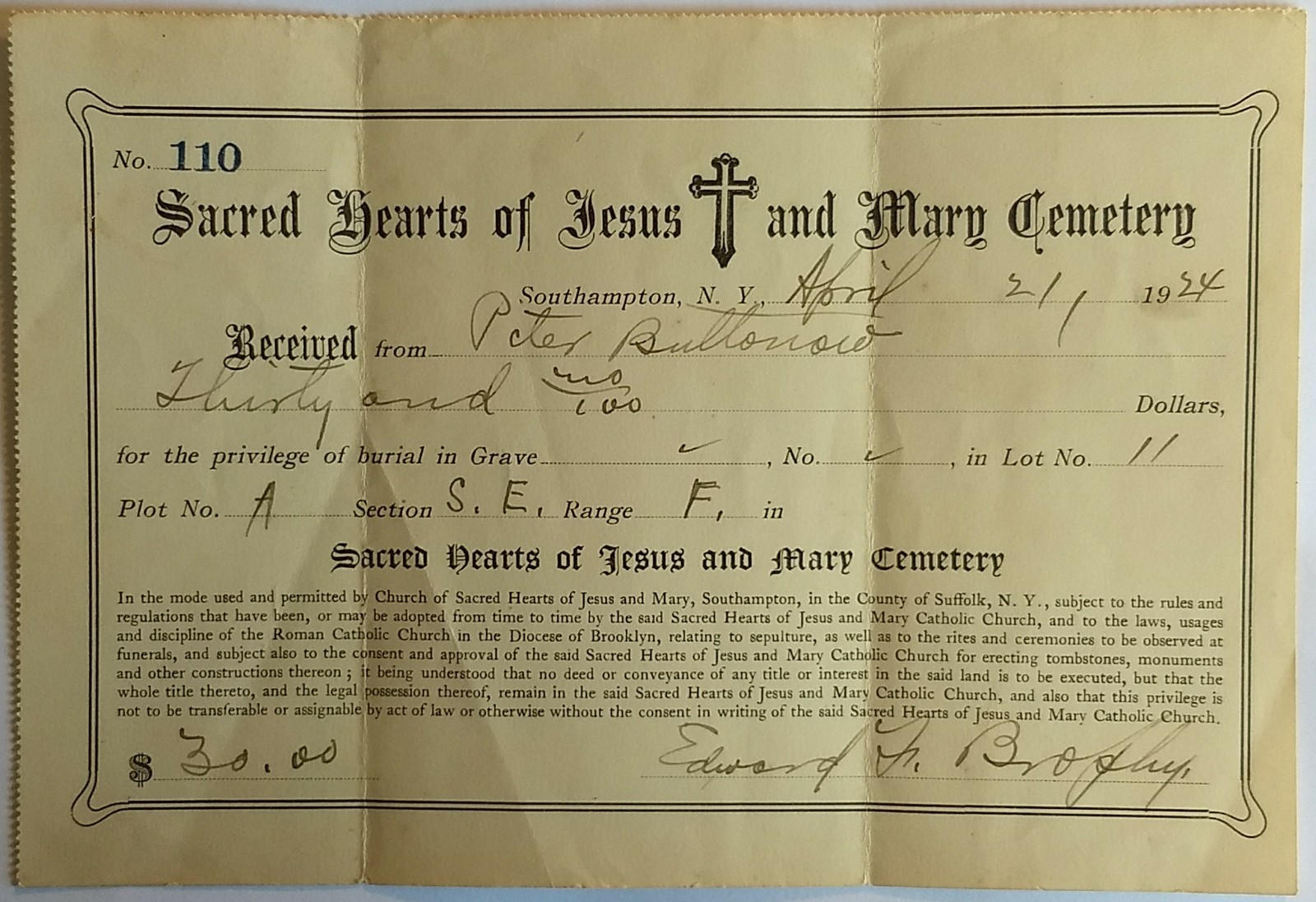 1924 Cemetery Plot Receipt - Peter Buttonow - Southampton, NY | eBay