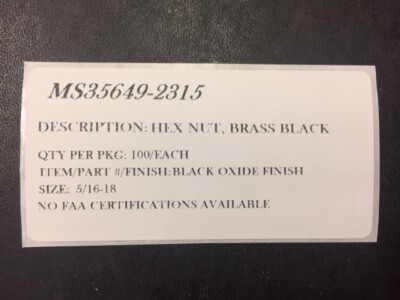 MS35649-2315 MS35649-2315B HEX NUT 5/16-18 BRASS BLACK OXIDE FINISH 100 ...