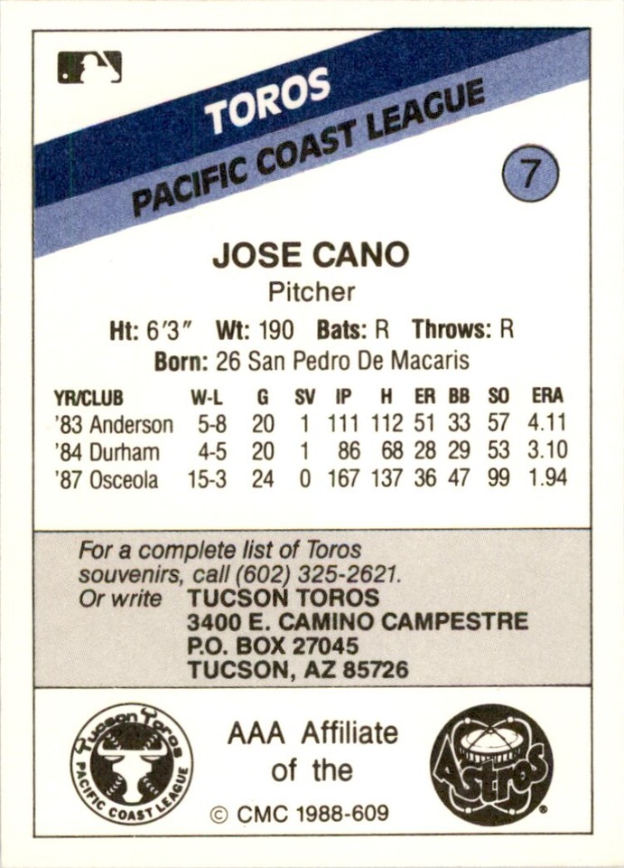 1988 CMC MINOR LEAGUE JOSE CANO TUCSON TOROS. #7 | eBay