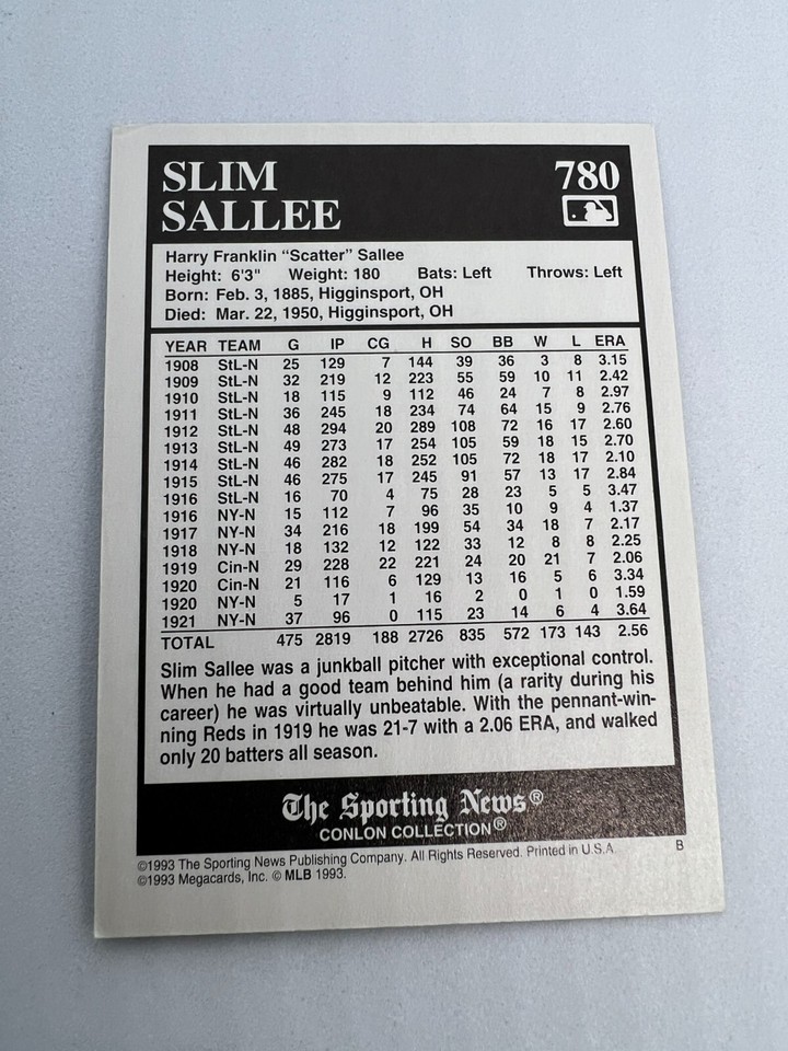 1993 The Sporting News Conlon Collection #780 Slim Sallee | eBay