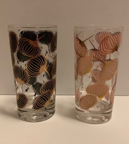 Lot of 2 Vtg MCM Fred Press Pink Black Gold Onion Blossom Highball ...
