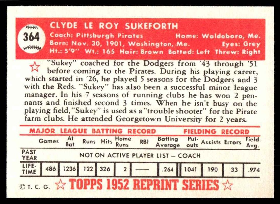 1983 Topps 1952 Reprint Series Clyde Sukeforth Pittsburgh Pirates #364 ...