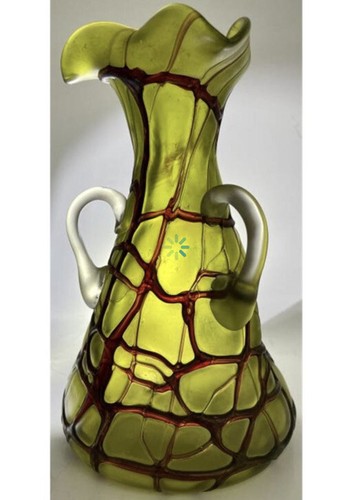 Loetz Style Green Art Glass 3- Handle Vase 7.25" H | eBay
