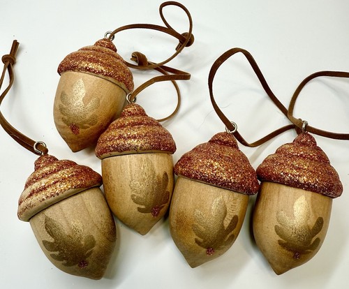 Set (5) VTG Pinewood Acorn Copper Glitter Top & Leather Strap Christmas ...