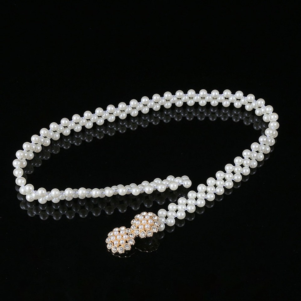 Pearls Crystal Beads Chain Belt Stretchy Flower Buckle Waistbandthin ...