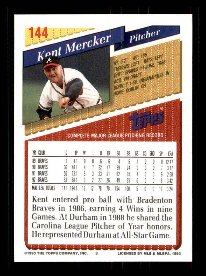 1993 Baseball Topps Kent Mercker Atlanta Braves #144 | eBay