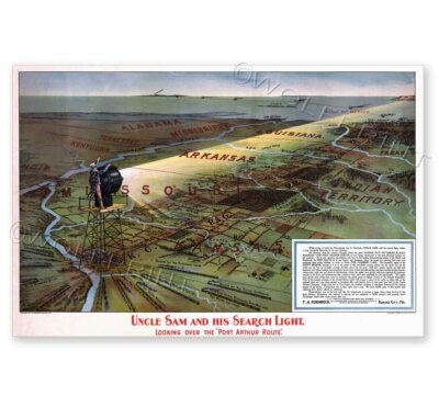 1896 Port Arthur Railroad Route Uncle Sam & His Search Light 16x24 or ...