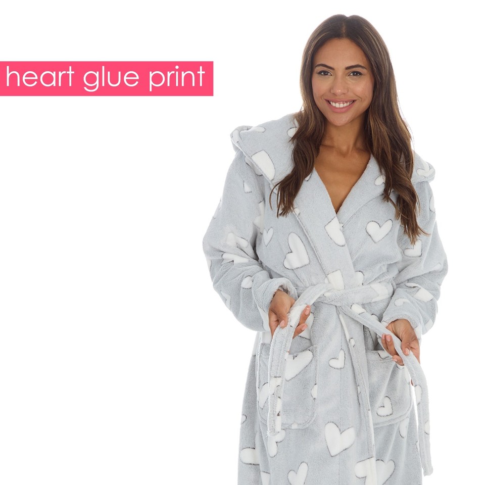 Ladies Dressing Gown Heart Print Robe Plush Fleece Hooded Loungewear S ...