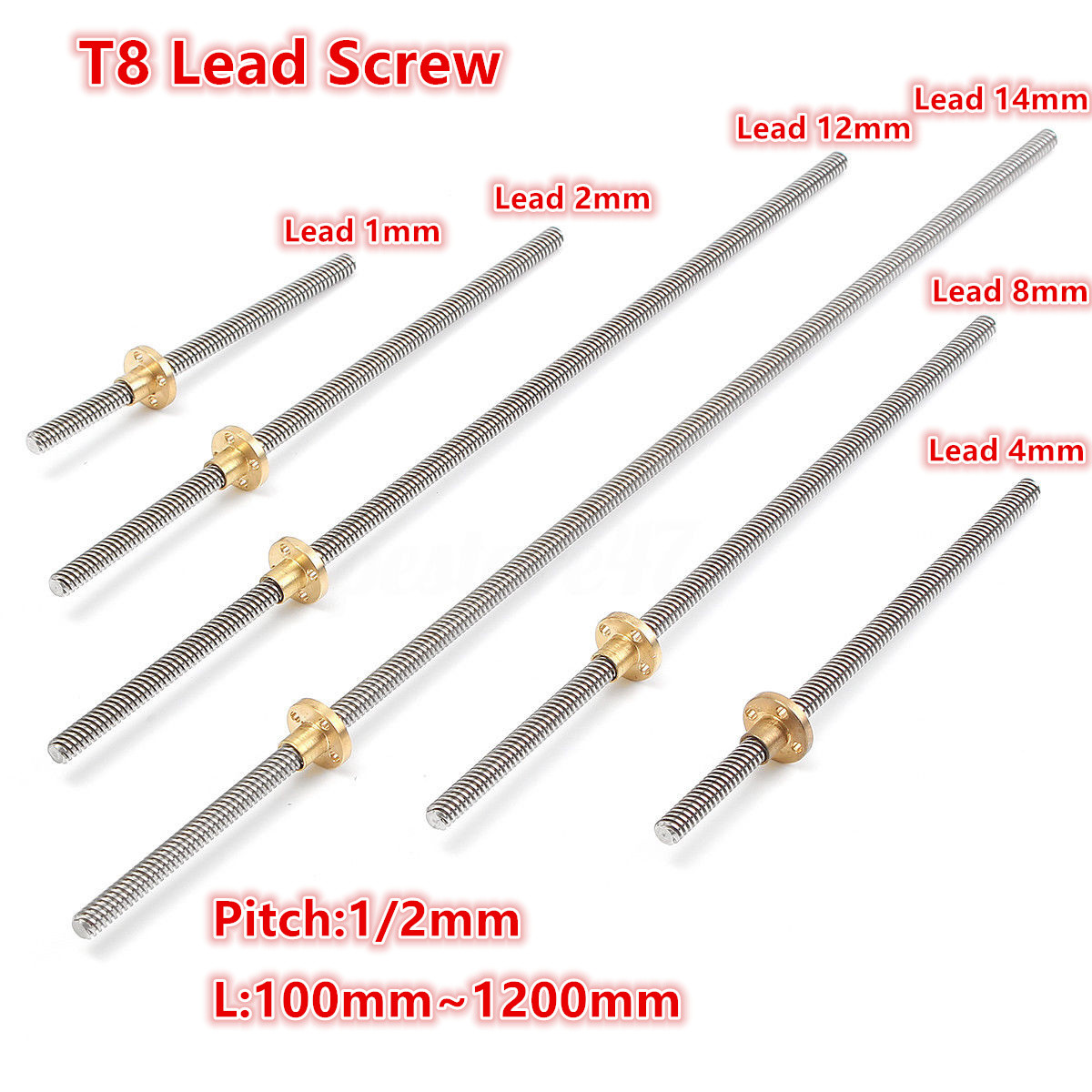 T8 lead screw Pitch 1/2mm Lead 1/2/4/8/12/14mm Rod Stainless With Brass ...