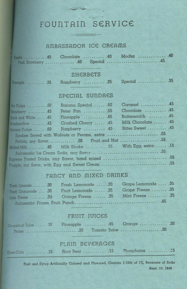 1949 Ambassador Hotel Cafe Ambassador Menu Los Angeles CA +brochure ...