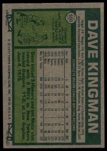 1977 Topps #500 Dave Kingman New York Mets EX - Picture 2 of 2