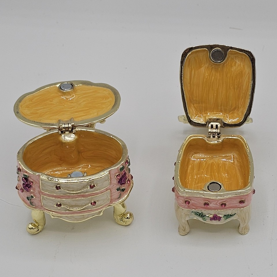 Vanity Chair Trinket Box Set Pink Enamel Roses Rhinestone Gold Tone ...