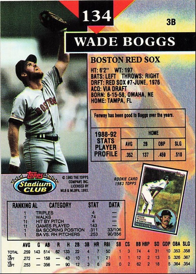 1993 Stadium Club Members Only Wade Boggs Boston Red Sox #134 | eBay
