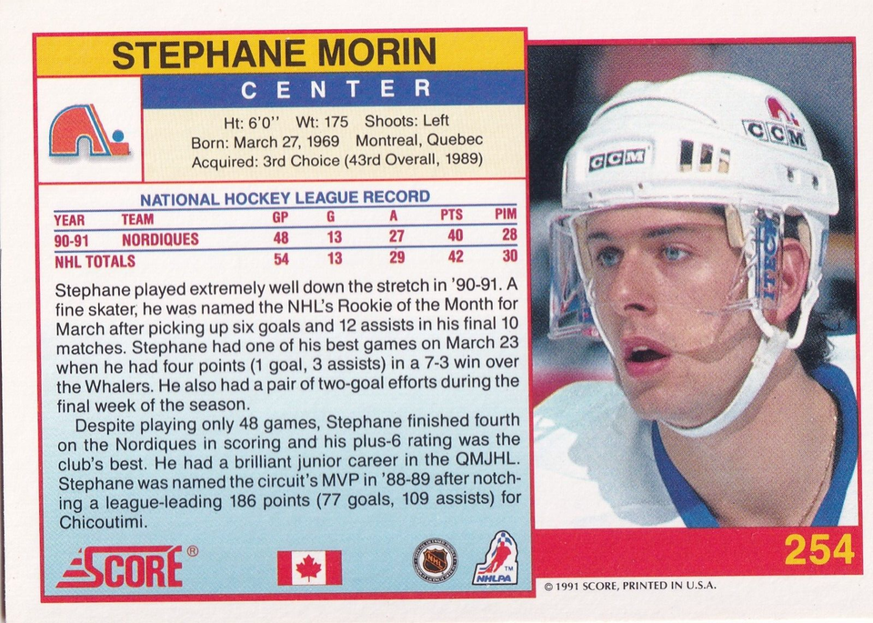 1991-92 Score #254 Stephane Morin- Quebec + (Yes 4 Free Mystery Cards ...