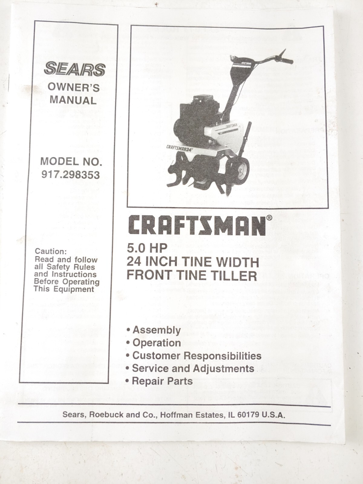 Owners Manual Sears Craftsman 5.0 HP 24" front tine Tiller 917.298353 ...