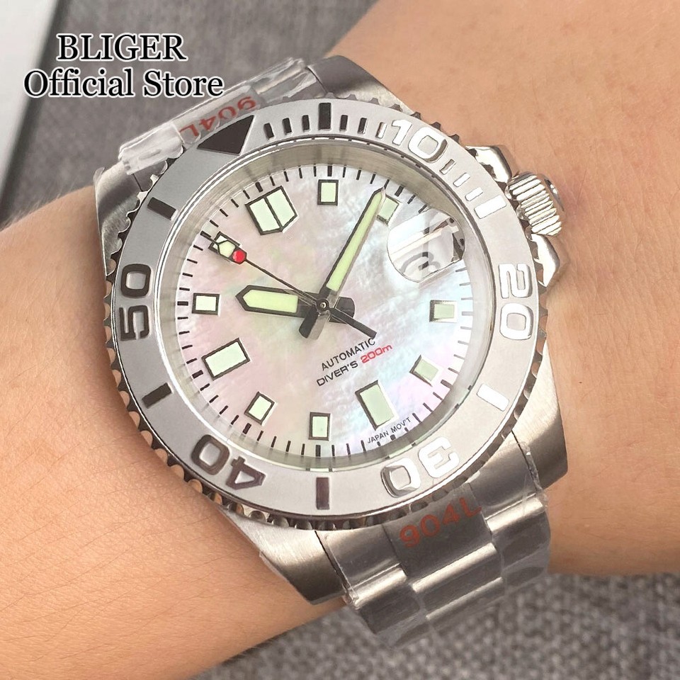 BLIGER 20ATM Waterproof White Shell Dial Luminous NH35A Dive Mens Watch ...