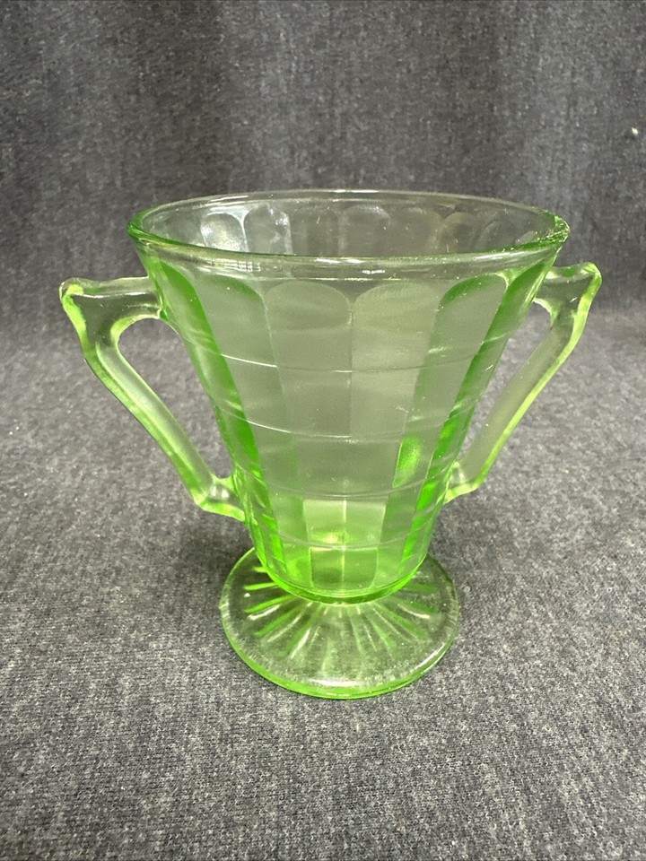 VTG ANCHOR HOCKING VASELINE GLASS BLOCK OPTIC GREEN FOOTED SUGAR BOWL ...