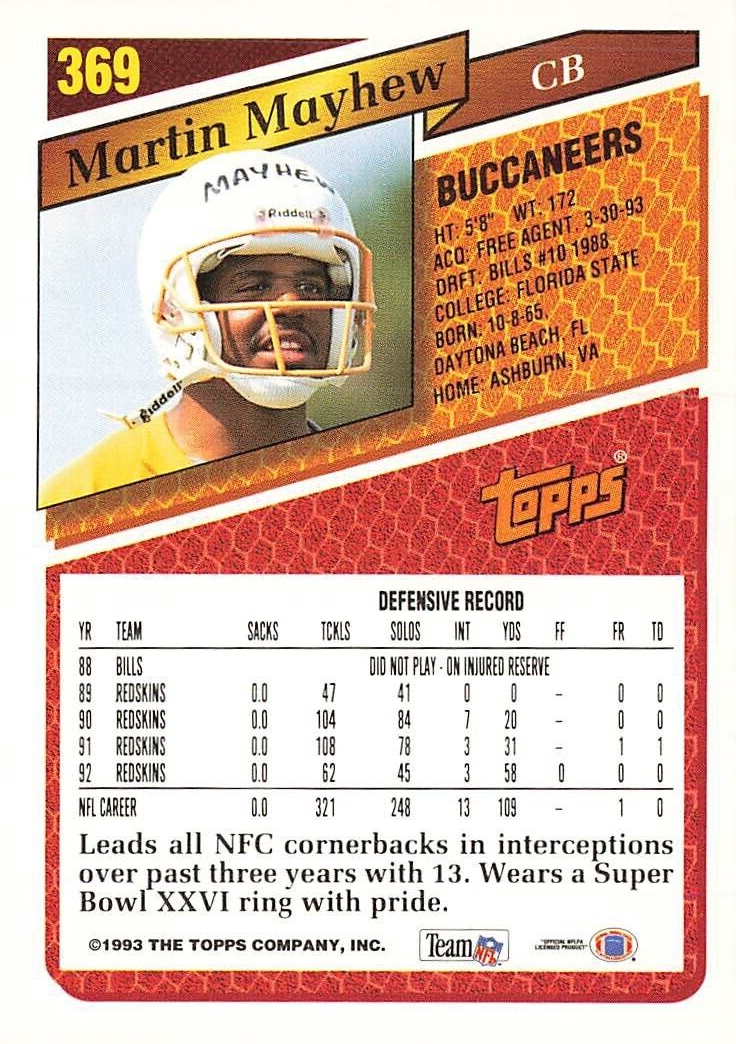 1993 Topps Football Card #369 Martin Mayhew | eBay