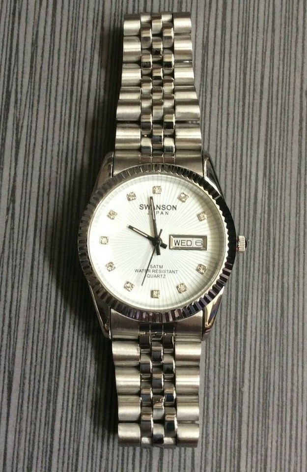 Swanson Men's Watch Round White Sunray Date Dial Silver Linked Band ...