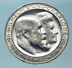 1911 WURTTEMBERG KINGDOM Germany WILHELM II Wedding Silver 3 Mark Coin ...