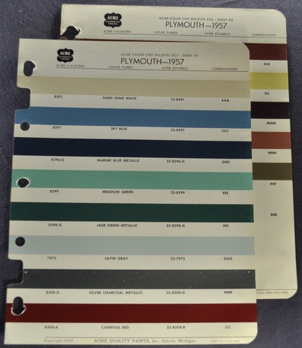 1957 Plymouth Paint Chip Colors Sheet Belvedere Savoy Plaza Suburban ...
