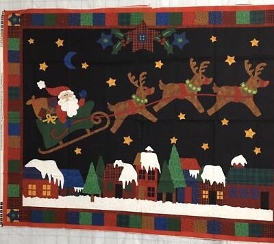 Santa’s Reindeer Sewing Panel On Black Background 44”W X 341/2”L Dream ...