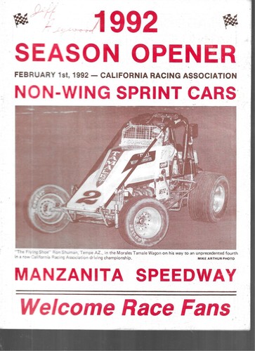 MANZANITA SPEDWAY FEB.1,1992 PROGRAM,NON-WING SPRINT CARS-JEFF HEYWOOD ...