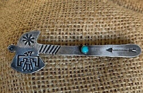 VINTAGE 1950S NATIVE AMERICAN STERLING SILVER & TURQUOISE TOMAHAWK PIN ...